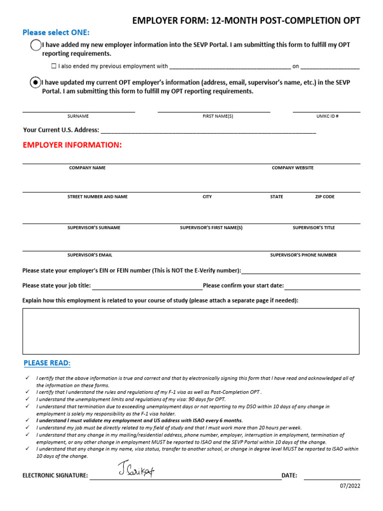 Employer Form Post Completion OPT | PDF