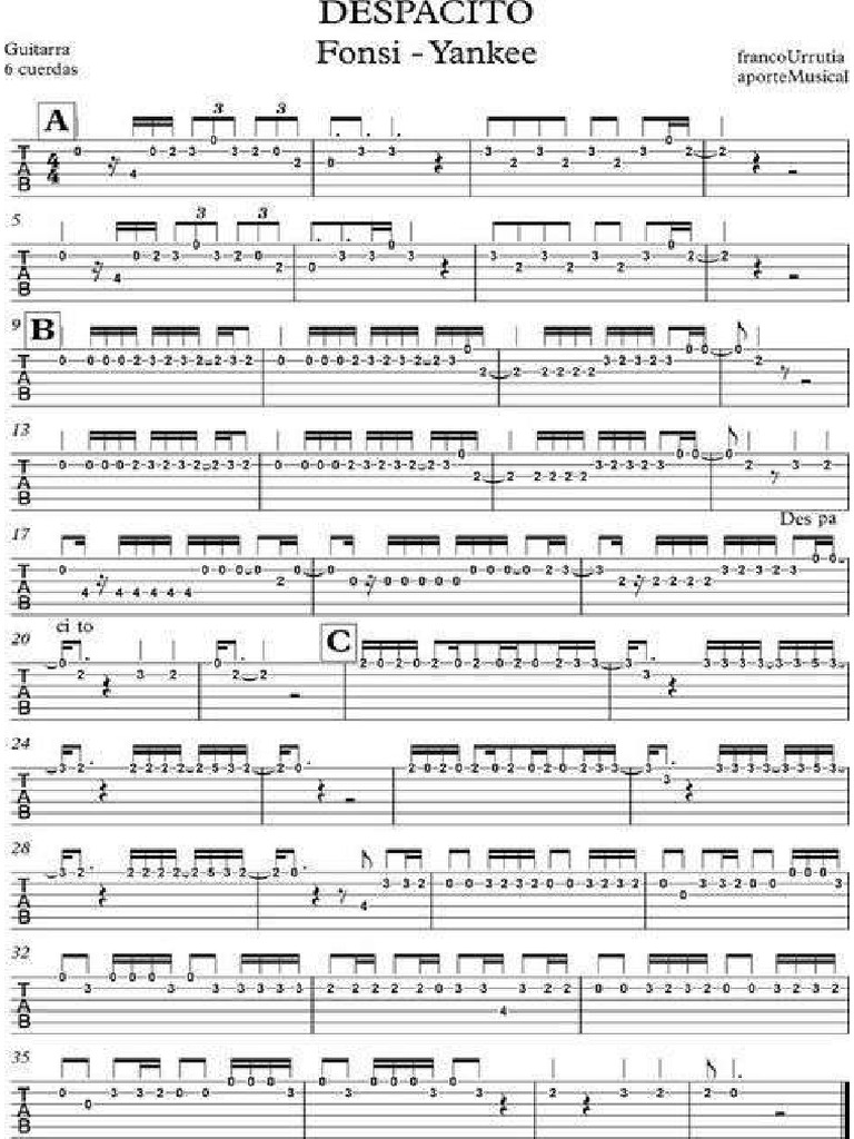 Tablatura de Guitarra Canción (Despacito) | PDF