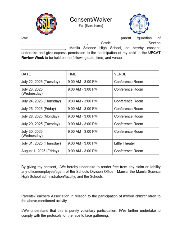 UPCAT WEEK Parents Consent Form | PDF