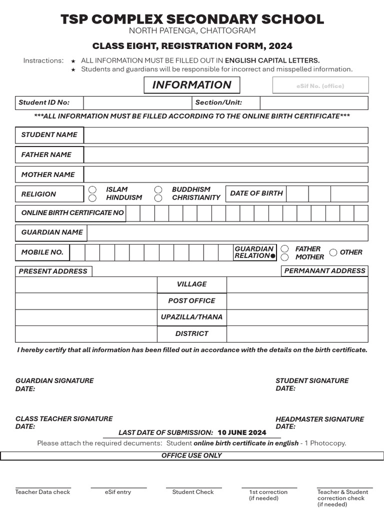 Class 8 Registration Form 2024 | PDF | Religious Faiths
