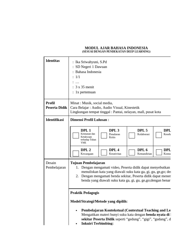 Modul Ajar (PM) B.I - Ga, Gi, Gu, Ge, Go | PDF