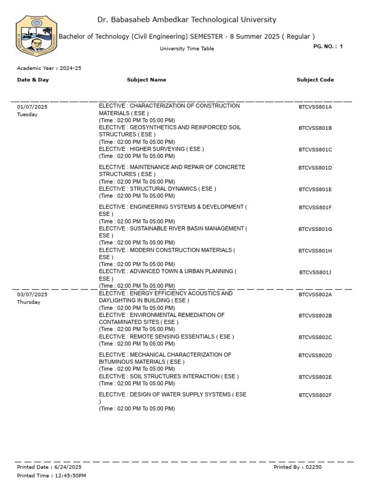 University Time Table-11191 8 Sem | PDF | Civil Engineering