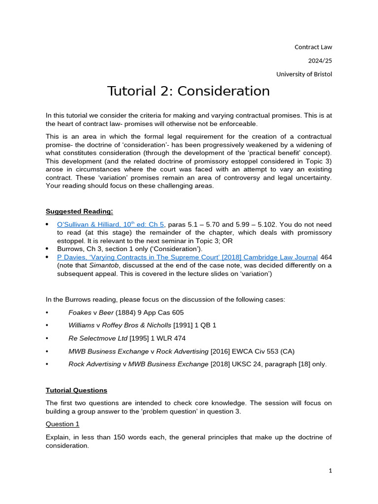 Tutorial Sheet, Topic 2, Contract Law - Consideration | PDF ...