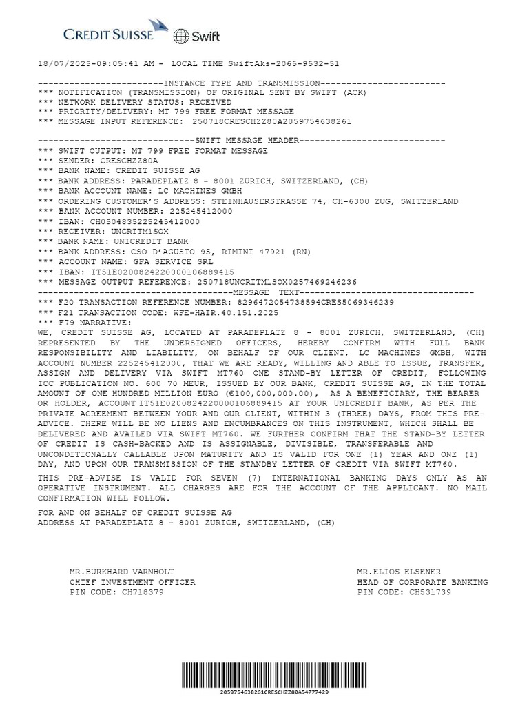 MT 799 Pre-Advice - 100 M Ucp 600 SBLC Via MT760 - Credit Suisse Ag ...