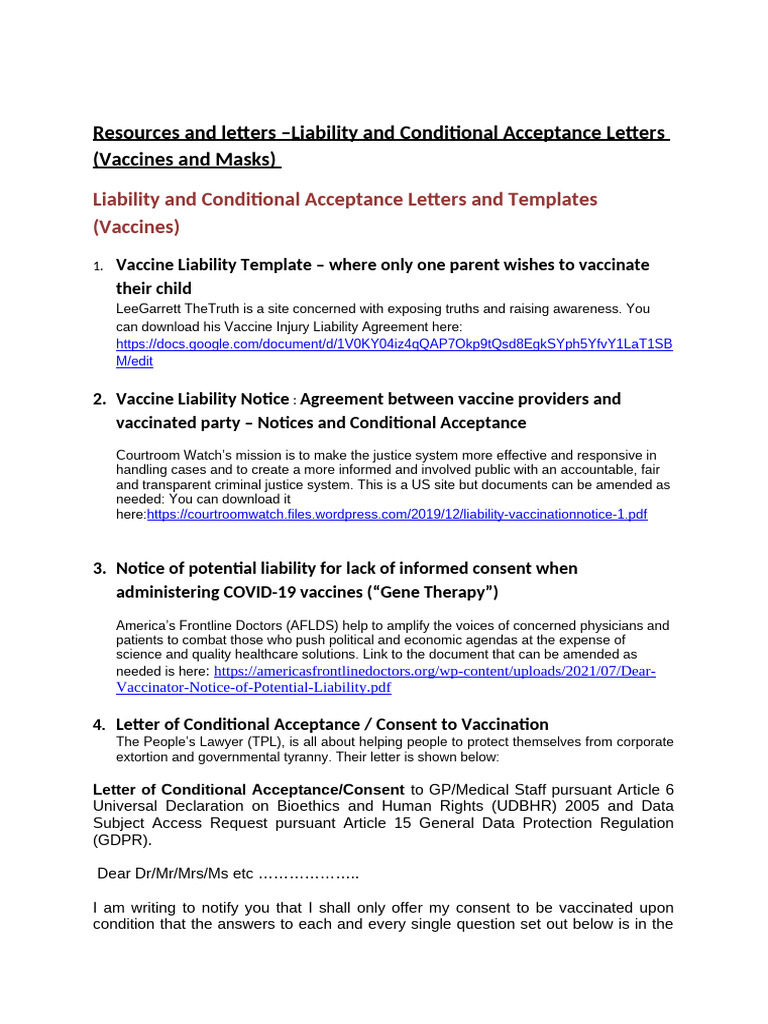 Vaccine Mask Liability Conditional Acceptance Letters and Templates ...