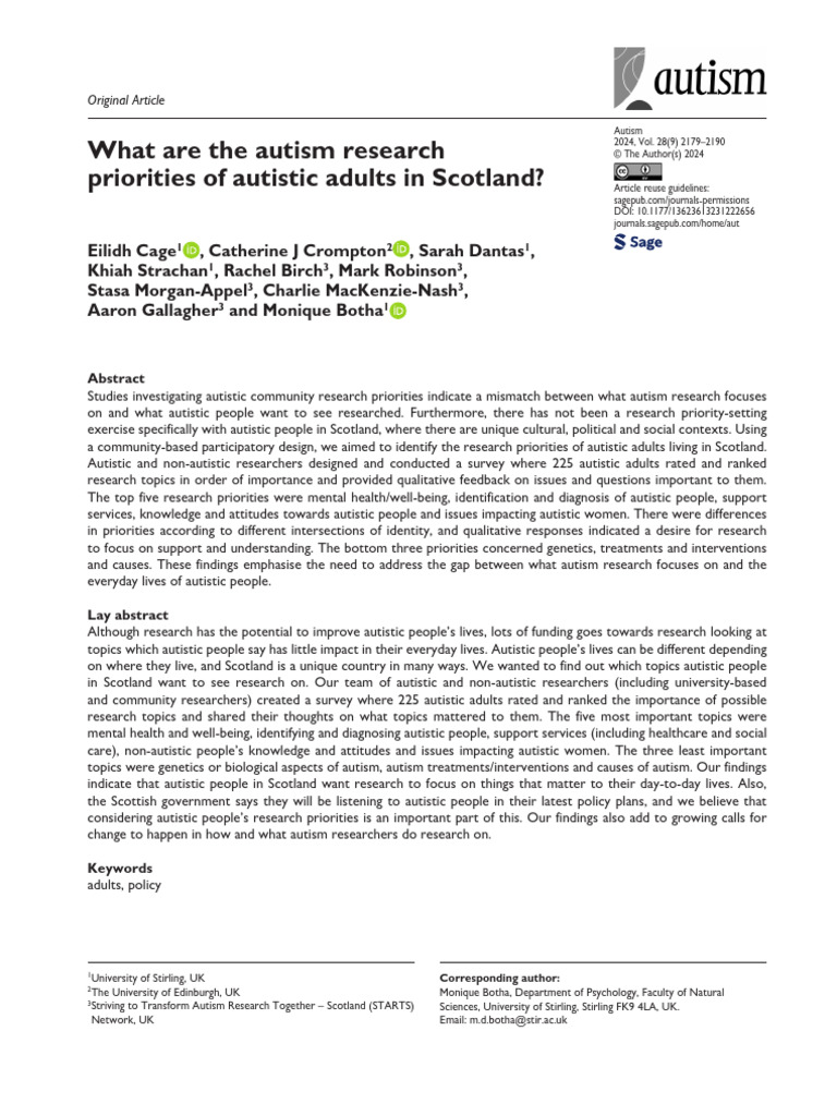 Autism Research Priorities in Scotland | PDF | Autism | Heterosexuality