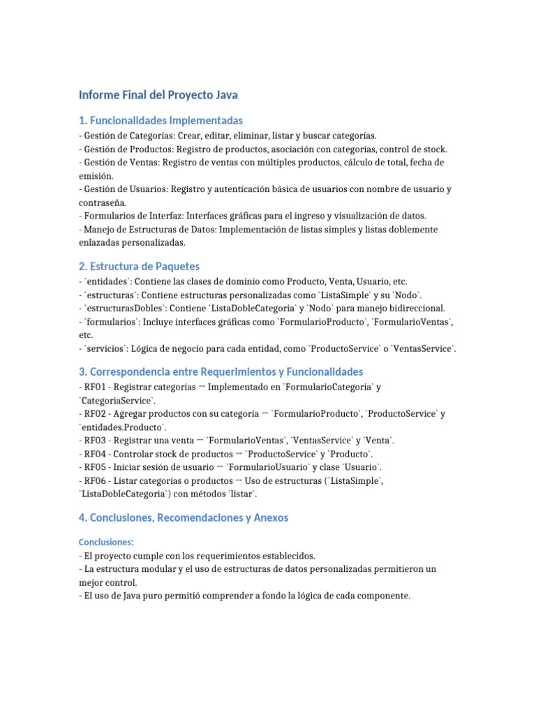 Informe Final Proyecto Java | PDF