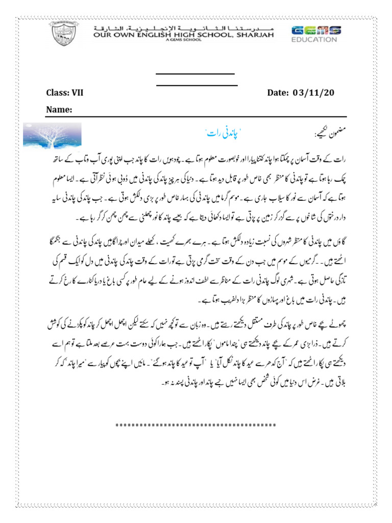 Grade 7 - 2020-21 - Urdu - Notes Paragraph Writing-Chandni Raat | PDF