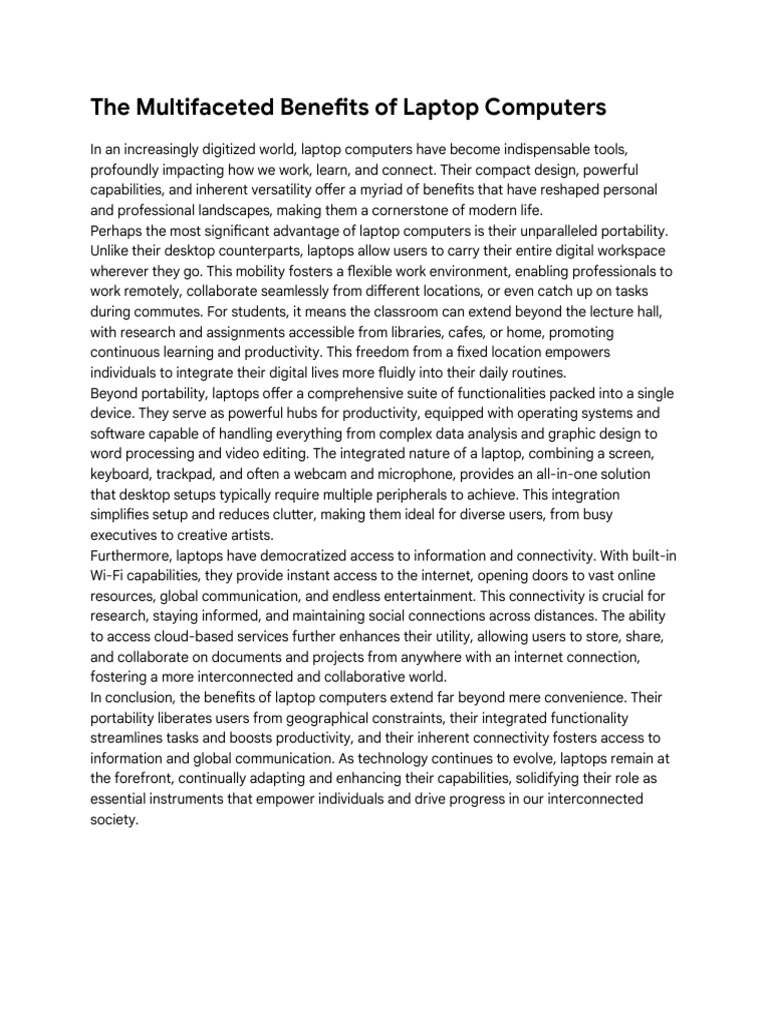 Essay On The Benefits of Laptop.. | PDF | Laptop | Internet
