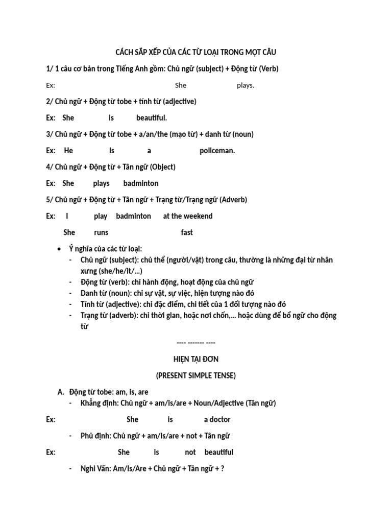 Cách Sắp Xếp Của Các Từ Loại Trong Một Câu | PDF