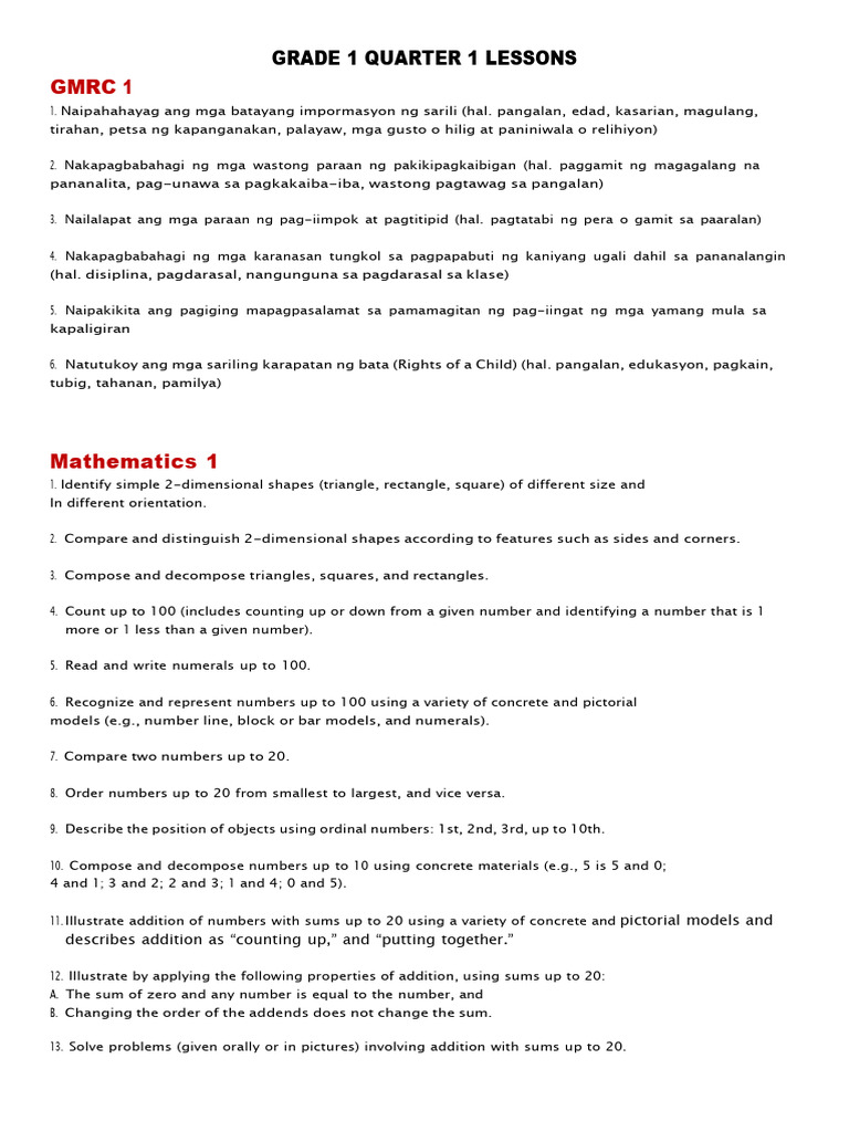 Grade 1 - Quarter 1 Lessons | PDF | Syllable | Word