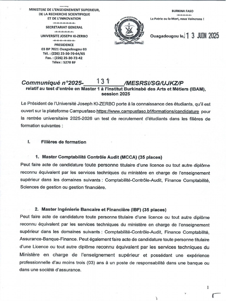 IBAM Communiqué Relatif Au Recrutement en Master 1 - 2025-2026 | PDF