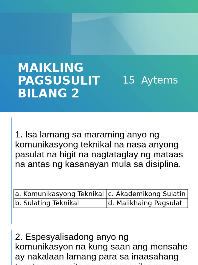 Maikling Pagsusulit Bilang 2 | PDF