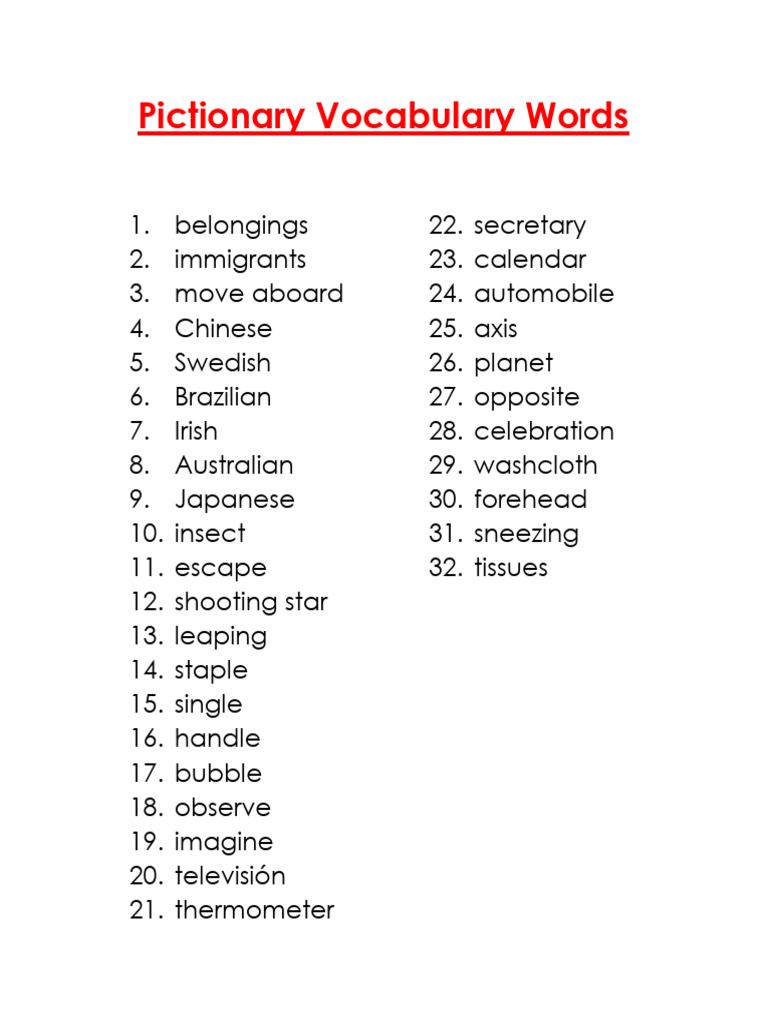 Vocabulary Words for Pictionary | PDF