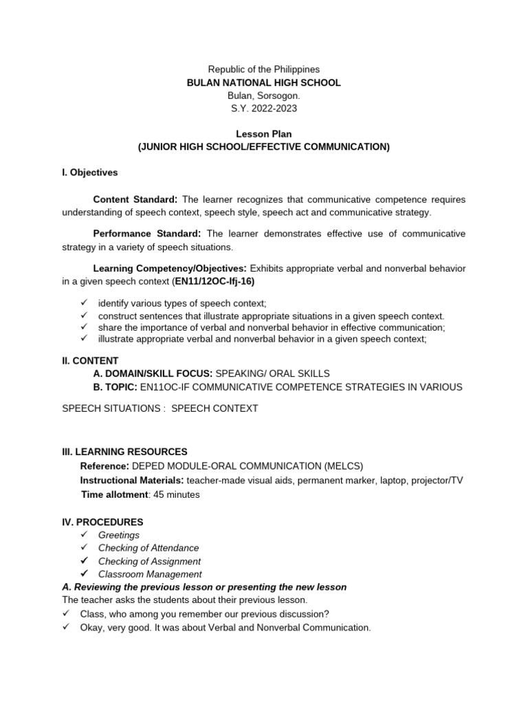 Effective Communication Lesson Plan | PDF | Nonverbal Communication ...