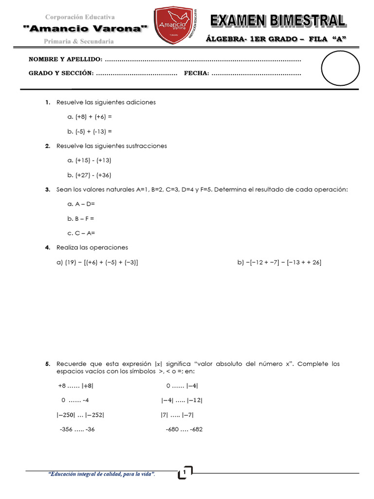 Algebra 1° - Fila A | PDF | Matemáticas | Álgebra