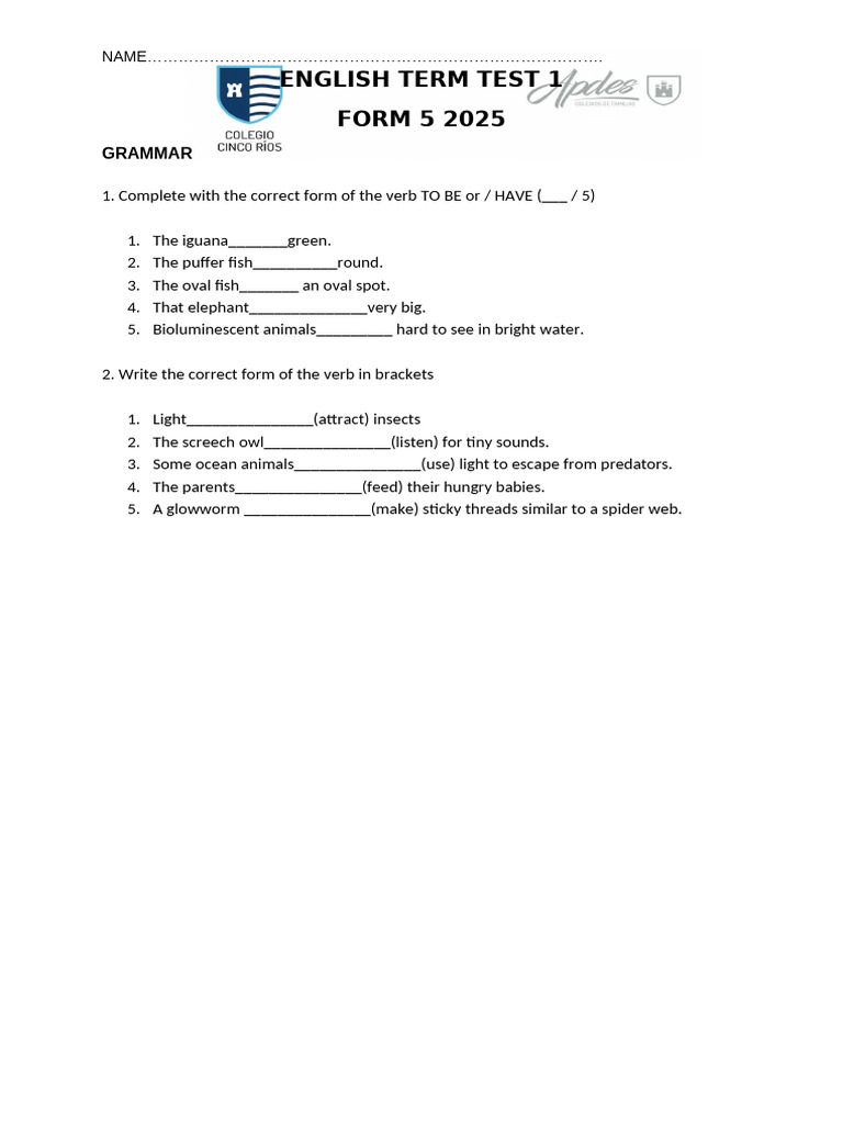 English Term Test 1 FORM 5 2025: Grammar | PDF