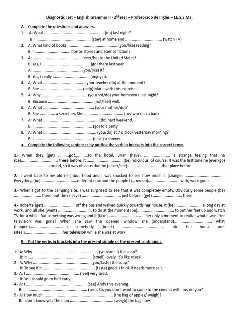 English Grammar II Diagnostic Test | PDF