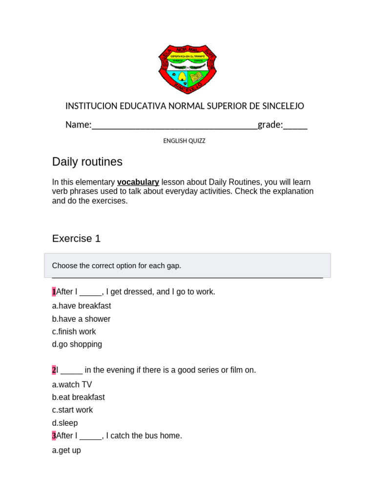 Daily Routines English Quiz for Students | PDF