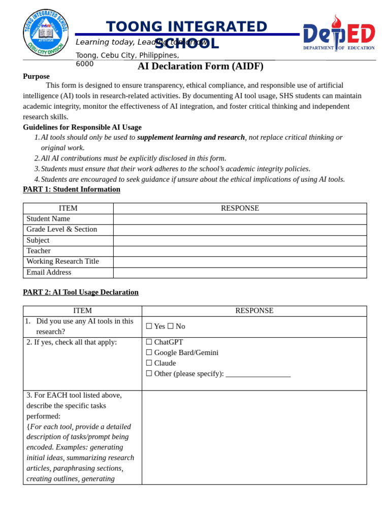 Ai Declaration Form Template | PDF | Artificial Intelligence ...