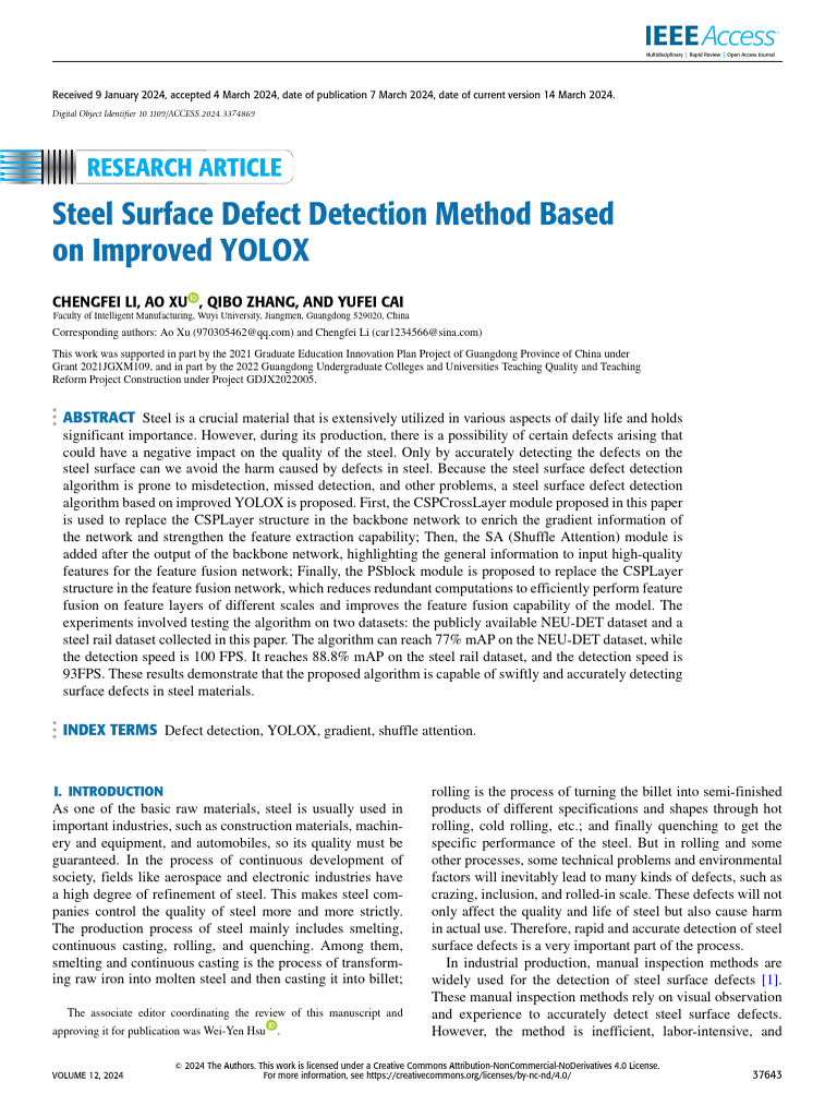 Steel Surface Defect Detection Method Based On Improved YOLOX | PDF | Deep Learning | Attention