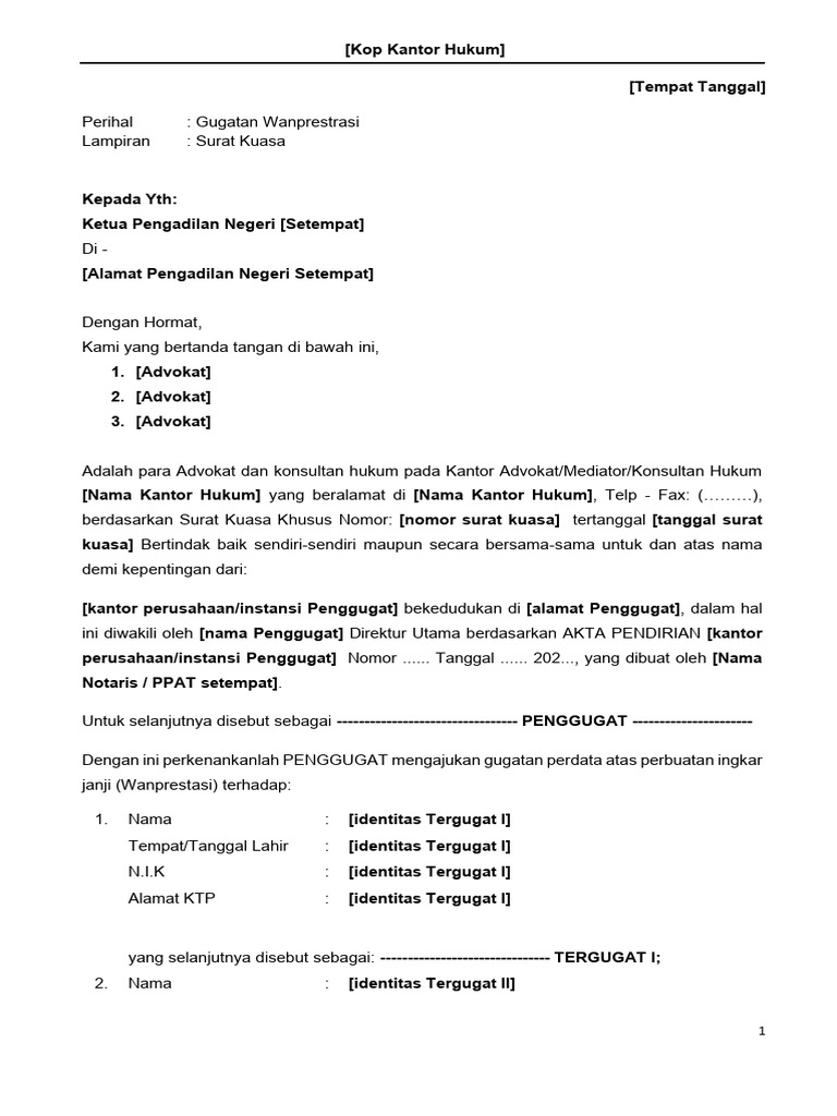 Contoh Surat Gugatan Wanprestasi Sederhana | PDF