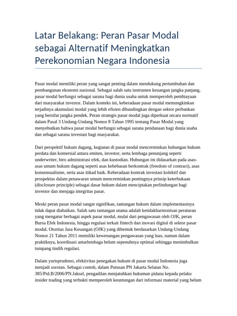 Latar Belakang Pasar Modal Hukum Dagang | PDF