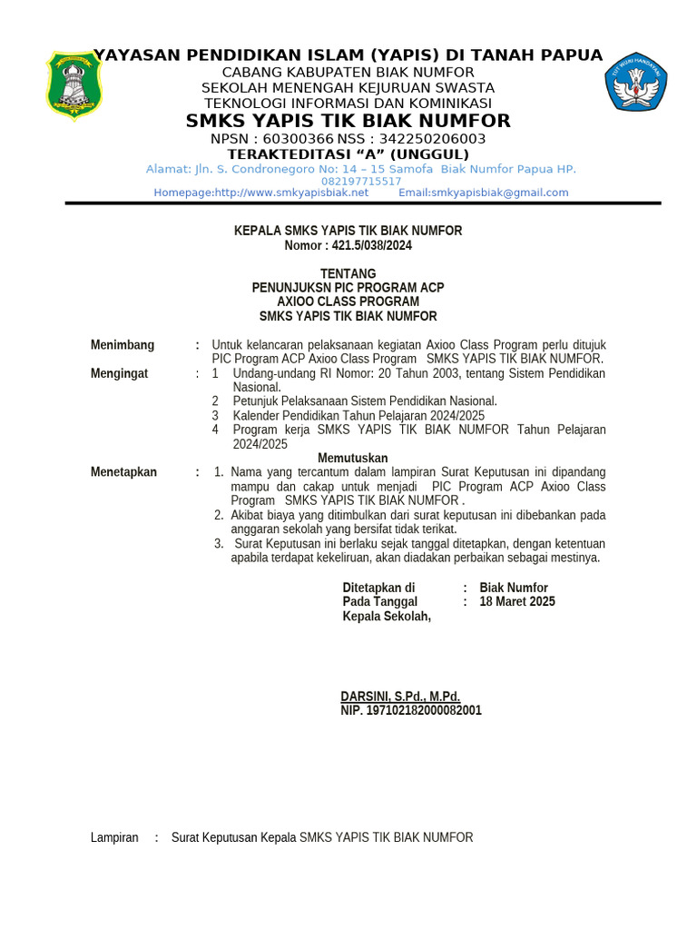 Penunjukan PIC Axioo Class Program | PDF