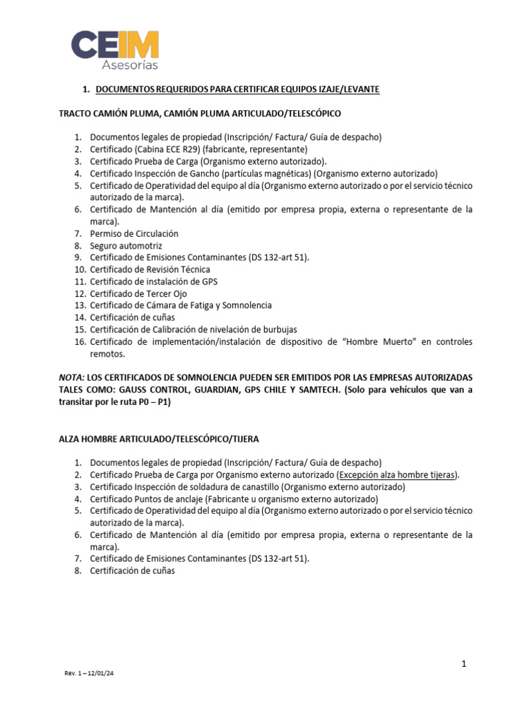 LISTADO DOCUMENTAL CERTIFICACIÓN EQUIPOS 2024 Ceim | PDF | Vehículos | Transporte