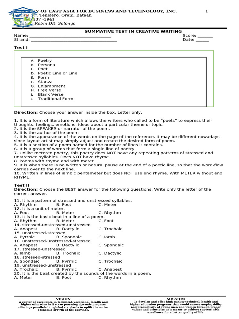 Summative Test in Creative Writing | PDF | Poetry | Metre (Poetry)