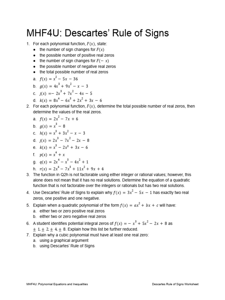 MHF4U Descartes Rule of Signs | PDF | Numbers | Polynomial