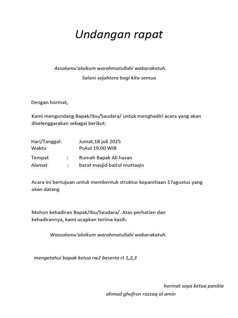 Undangan Rapat Pembentukan Panitia 17 Agustus | PDF
