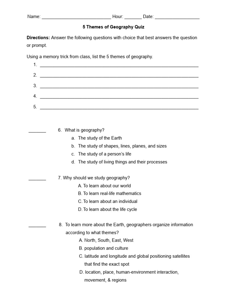 5 Themes of Geography Quiz | PDF | Geography | Earth Sciences