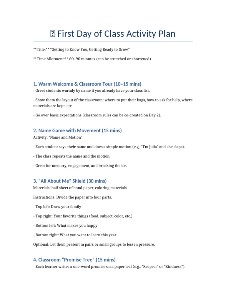 First Day Class Activities Plan | PDF
