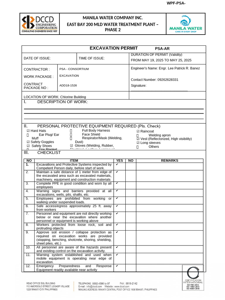 Excavation Permit for Manila Water | PDF | Personal Protective ...