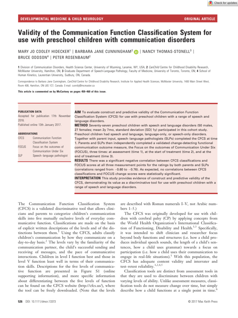 Develop Med Child Neuro - 2017 - Hidecker - Validity of The ...