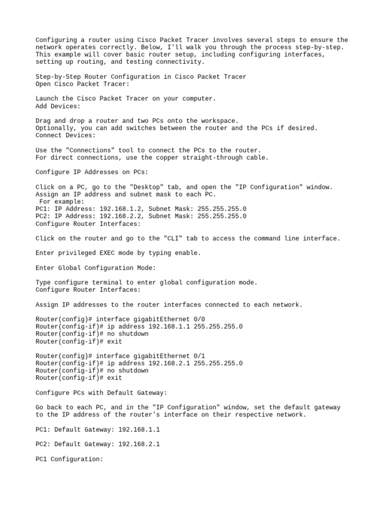 Step-By-Step Router Configuration in Cisco Packet Tracer | PDF