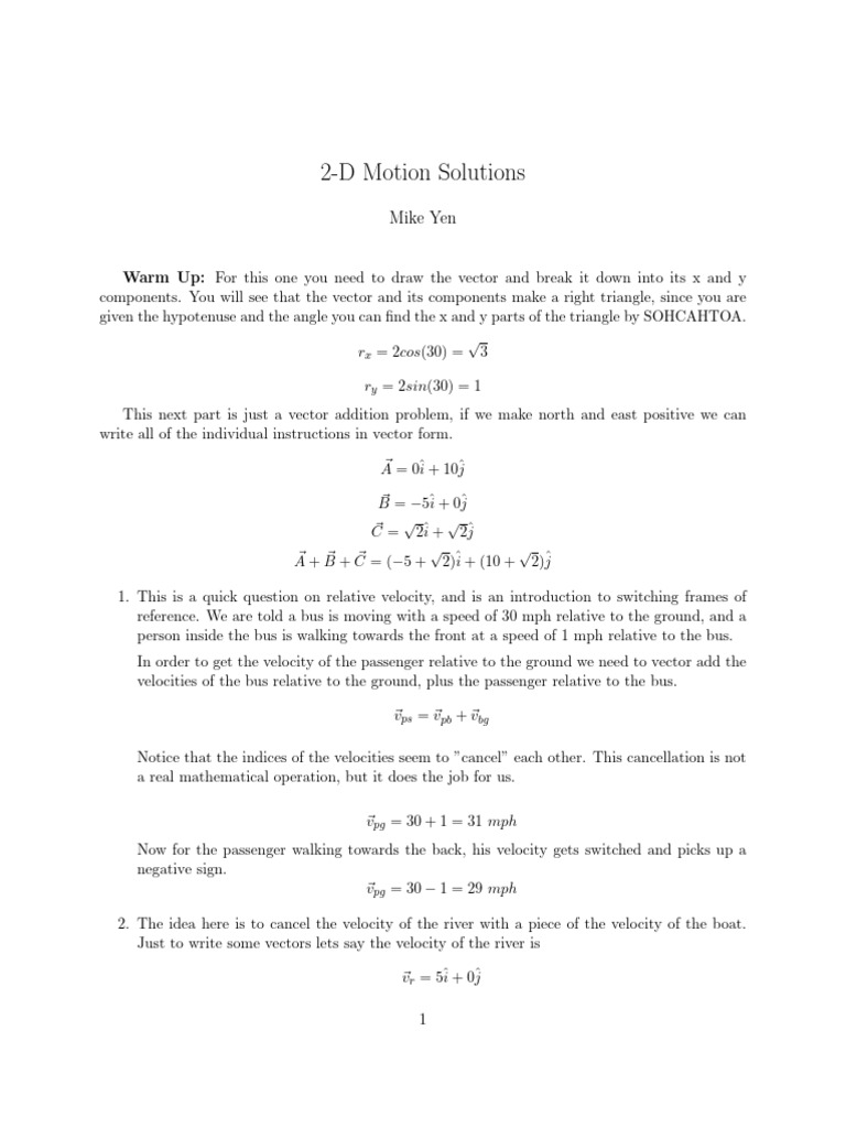 2D Kinematics Worksheet Solutions | PDF | Velocity | Applied And ...