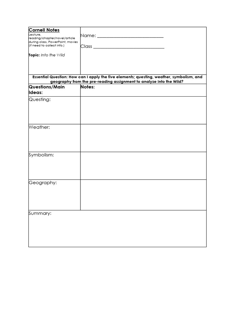 Cornell Notes Worksheet - Into The Wild | PDF