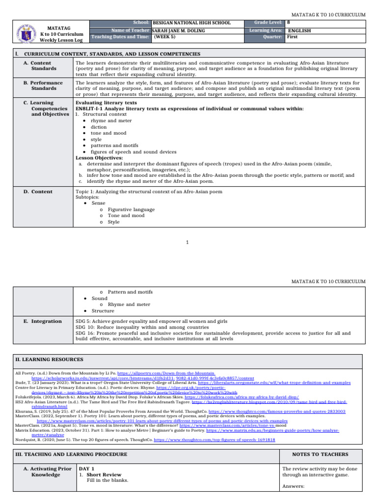 DLL Matatag - English 8 Q1 W4 | PDF | Metre (Poetry) | Poetry