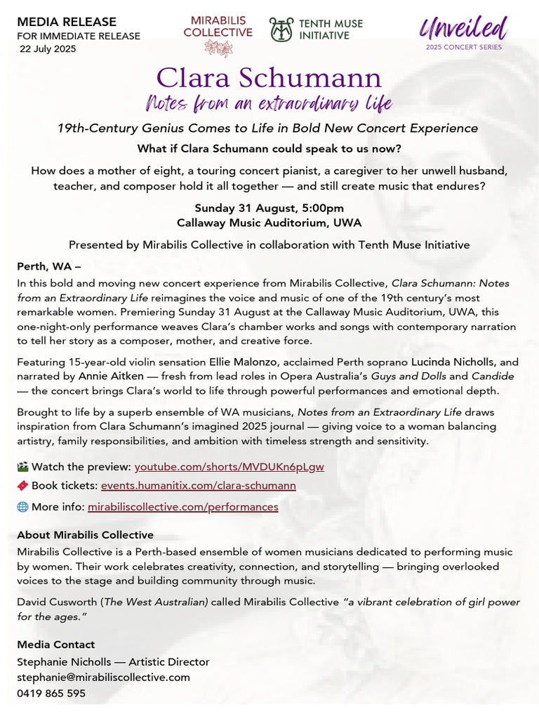 Mirabilis Collective Clara Schumann Media Release | PDF | Musicology ...