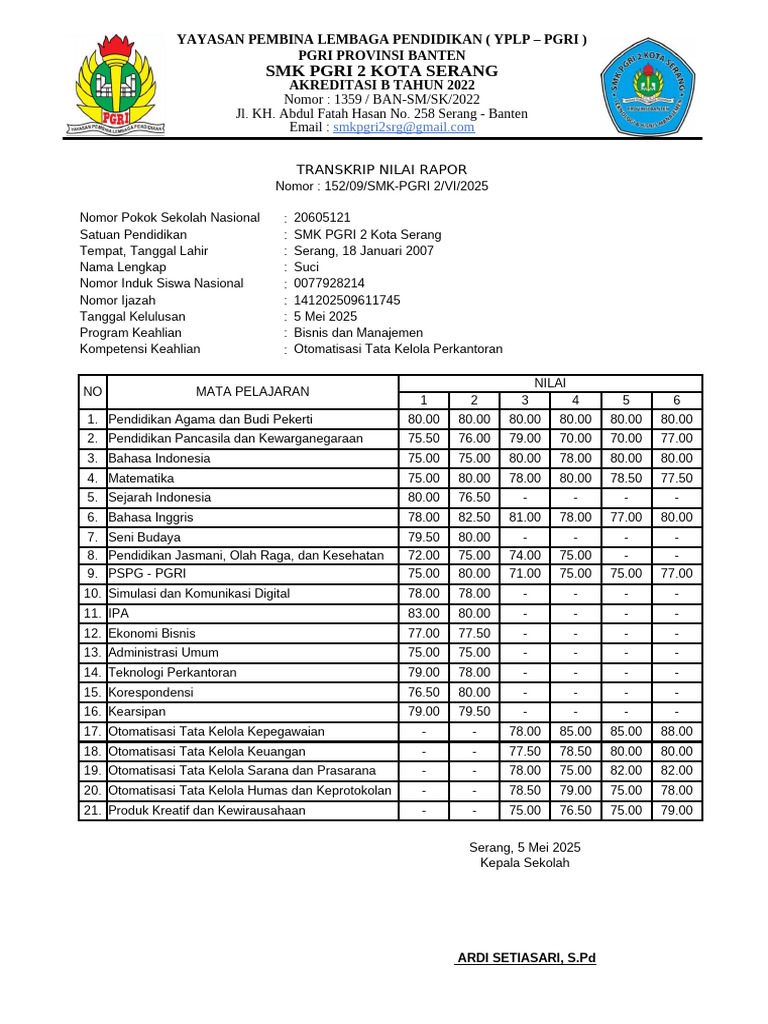 Rekap Nilai Rapot 2025 Per Kelas | PDF