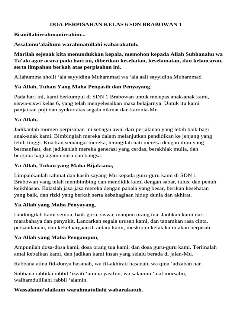 Doa Perpisahan Kelas 6 SDN 1 Brabowan | PDF