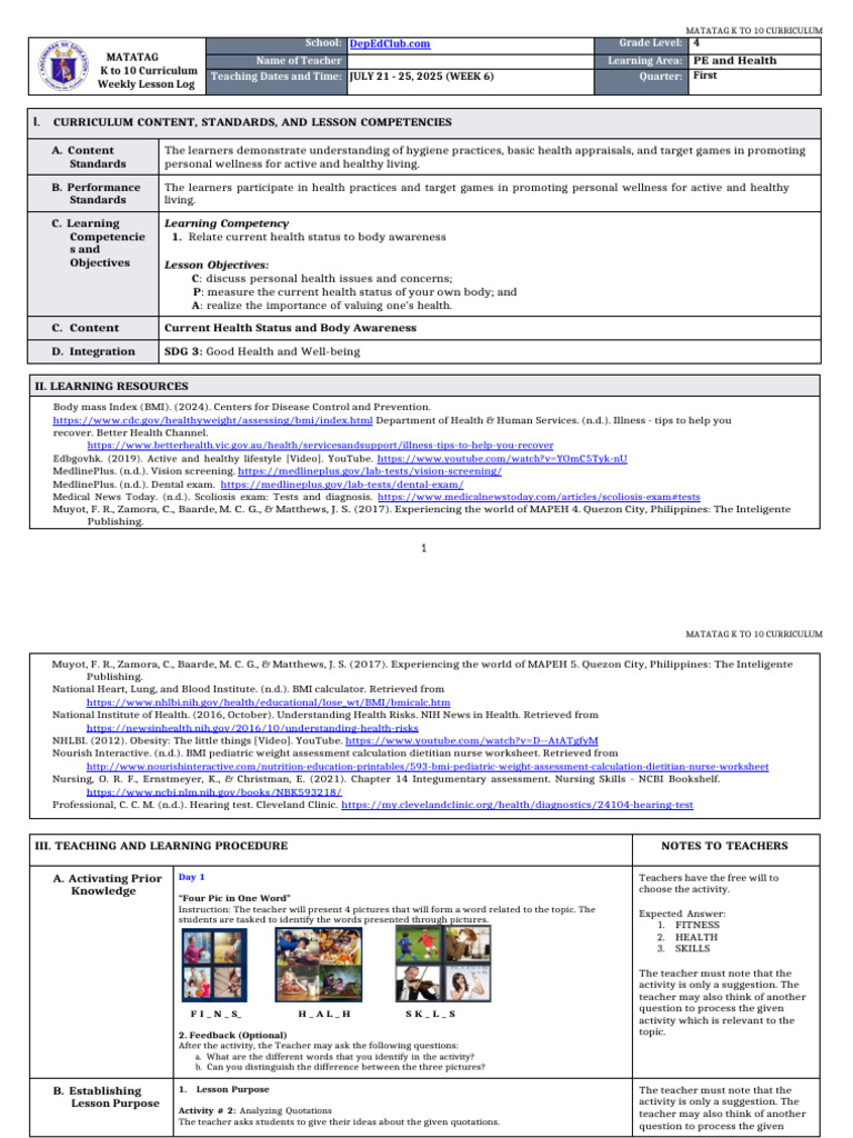 DLL Matatag - Pe & Health 4 q1 Week 3 - 6 | PDF | Body Mass Index