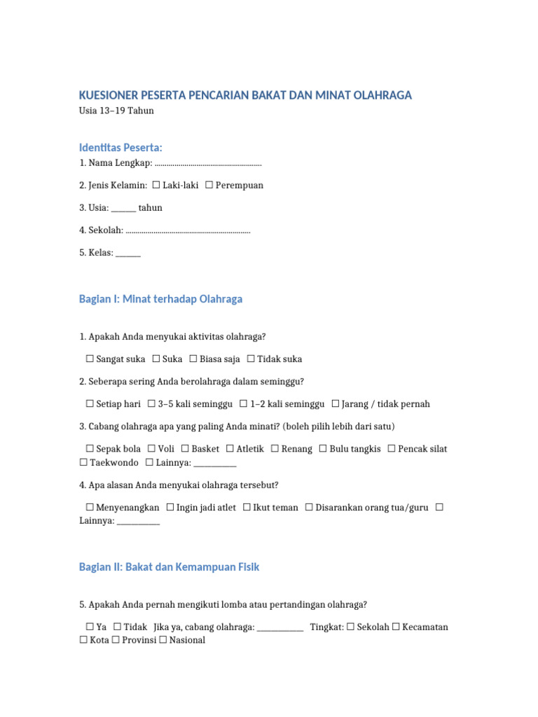 Kuesioner Minat dan Bakat Olahraga Remaja | PDF