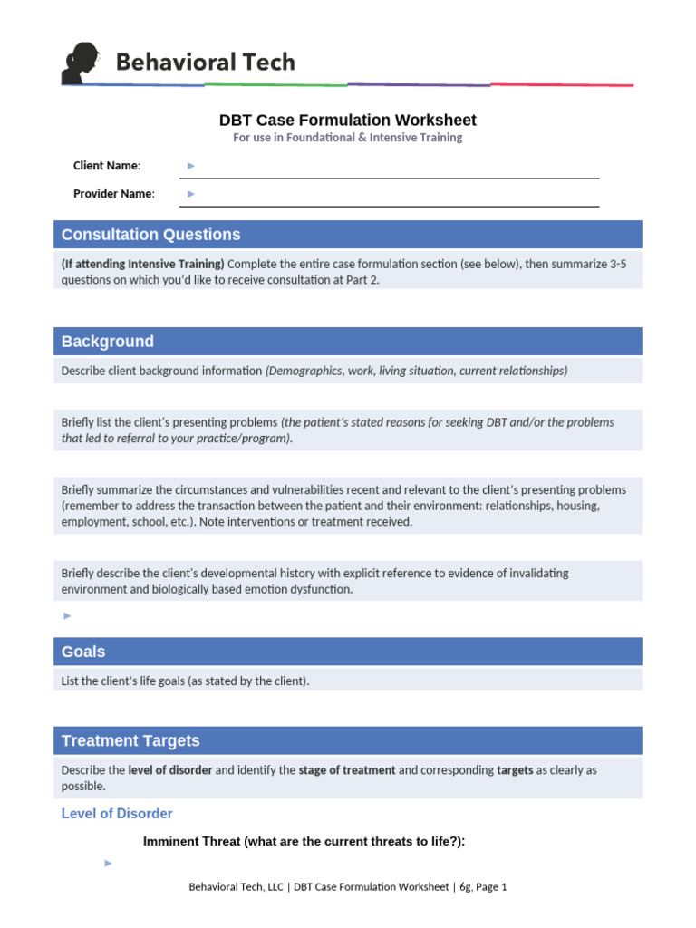 DBT Case Formulation Worksheet | PDF | Dialectical Behavior Therapy ...