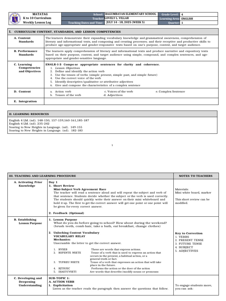 DLL Matatag - English 4 q1 w5 | PDF | Verb | Grammatical Tense