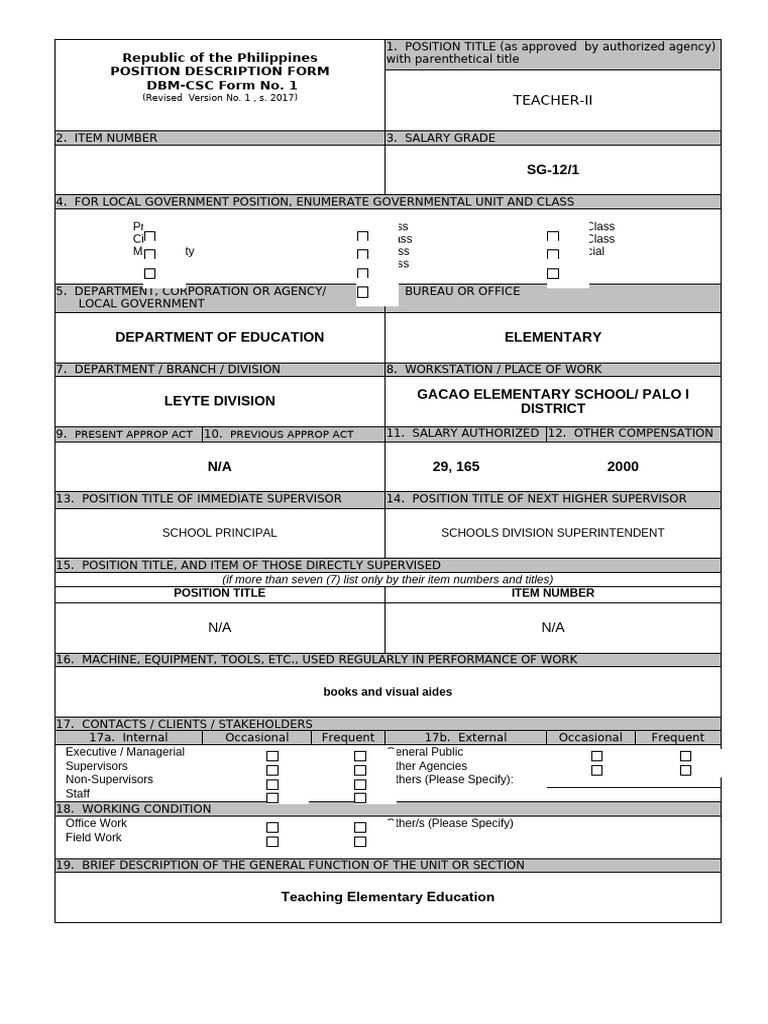 DBM CSC Form No. 1 Position Description Forms T2 | PDF