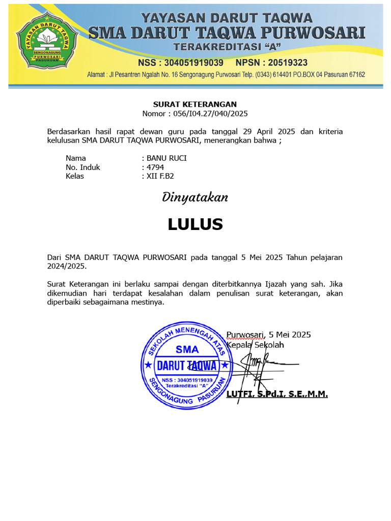 Surat Keterangan Lulus SMA 2025 | PDF
