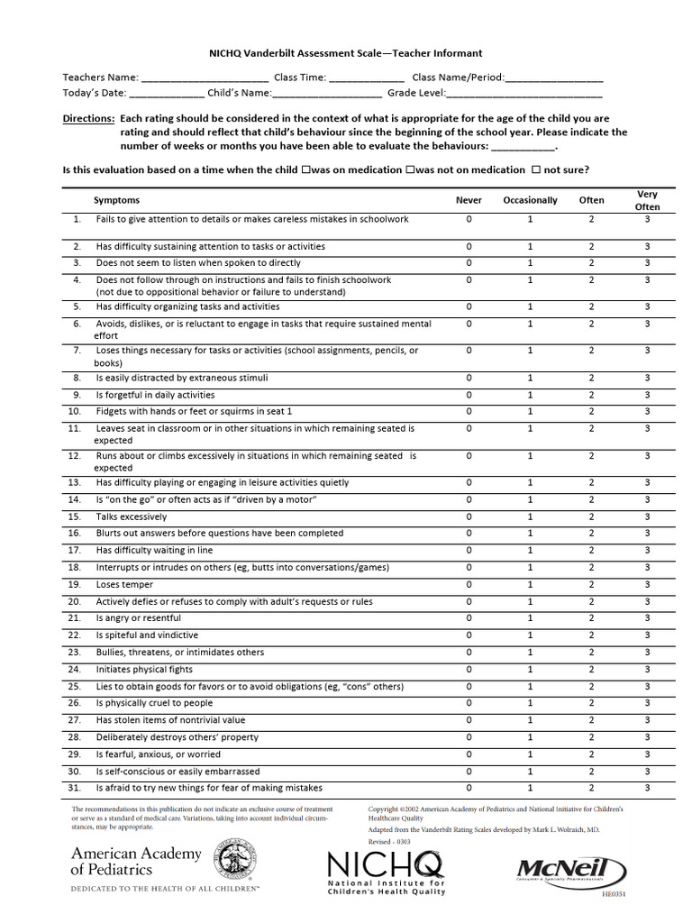 Vanderbilt Teacher Assessment Form | PDF | Attention | Mental Health